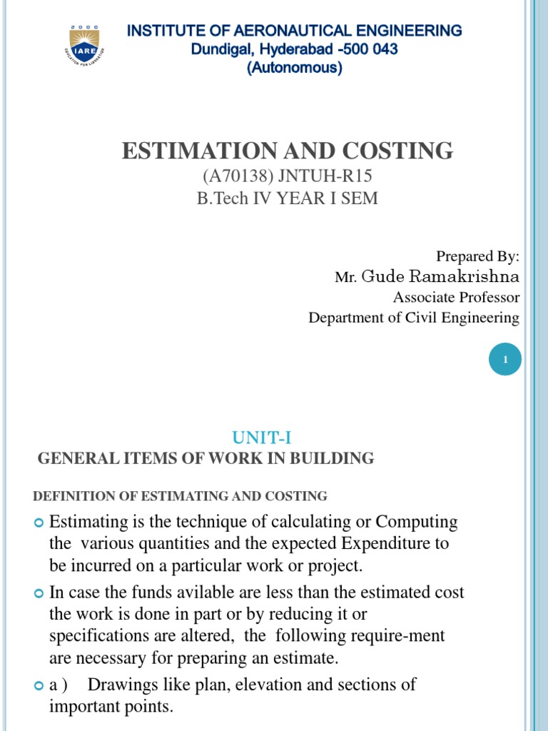 Estimation and Costing: (A70138) JNTUH-R15 B.Tech Iv Year I Sem | PDF | Wall | Length