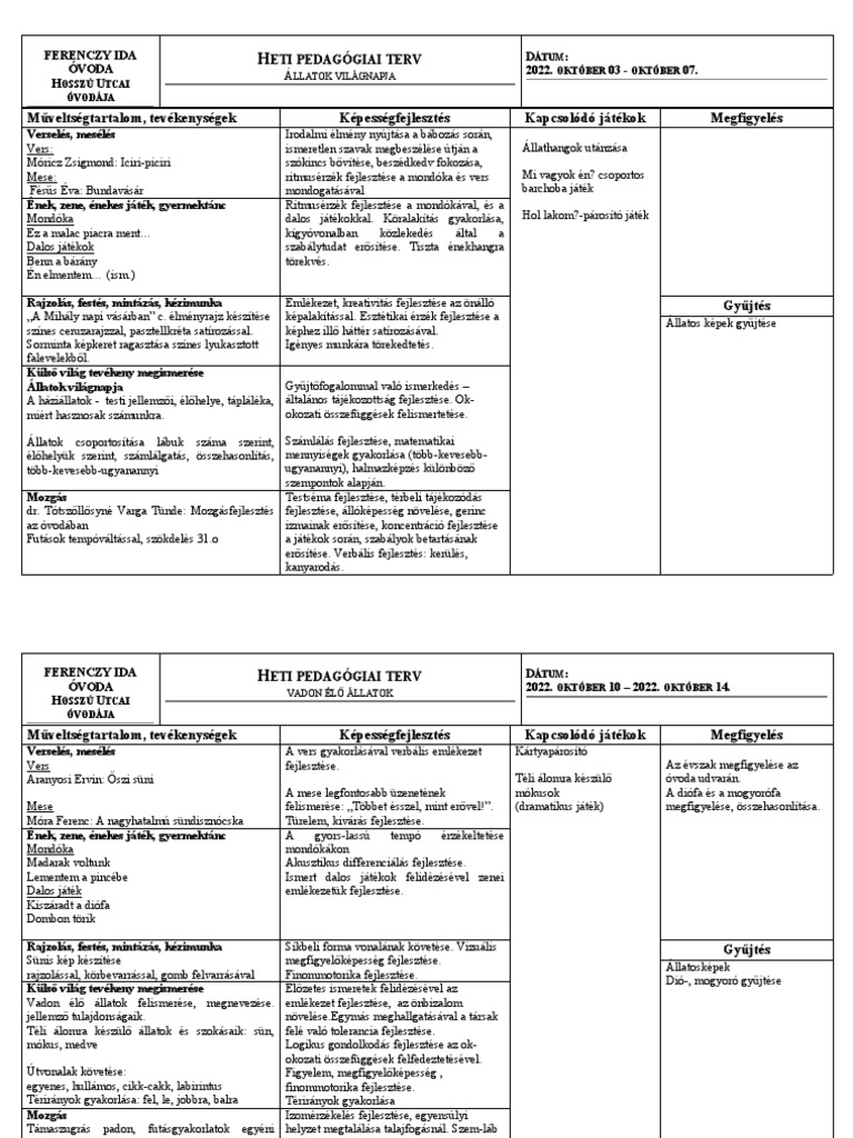 HETI TERV 2 Nagycsoport Ősz | PDF