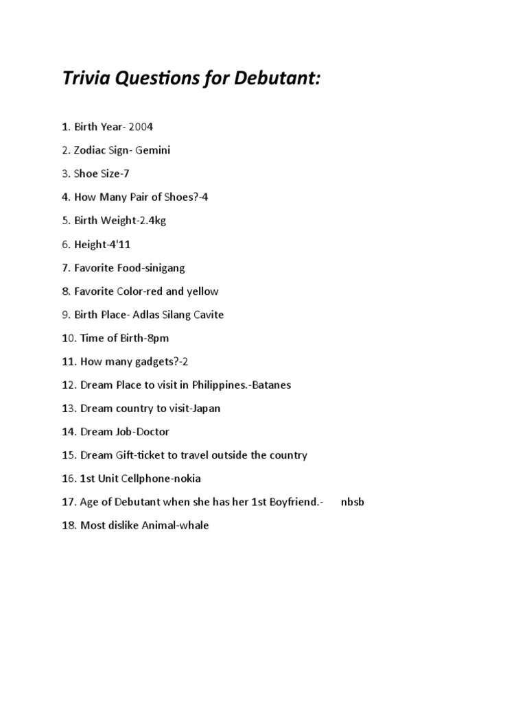 Trivia Questions For Debutant | PDF