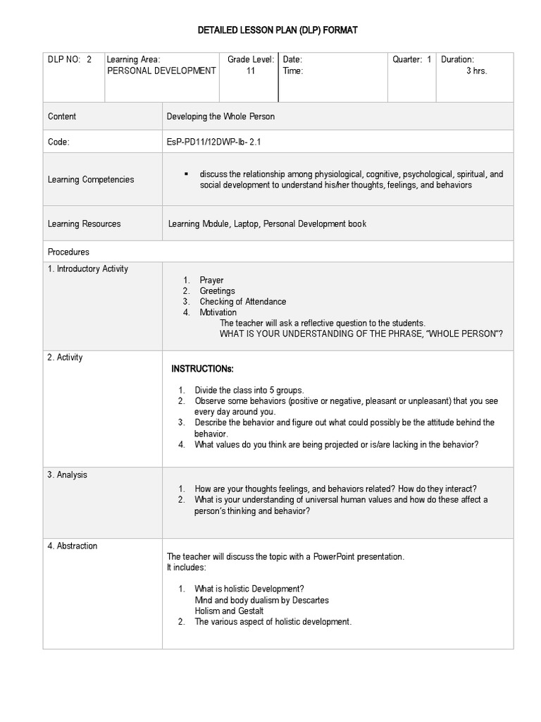 PERSONAL DEVELOPMENT LESSON PLAN (Developing The Whole Person) | PDF ...
