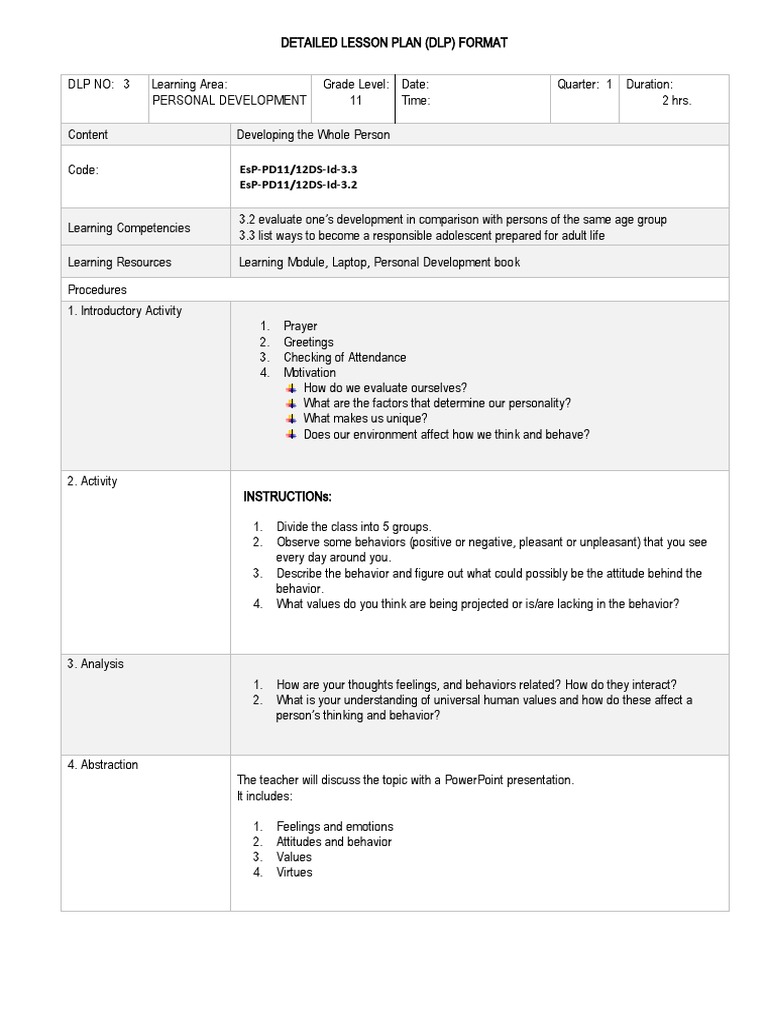 PERSONAL DEVELOPMENT LESSON PLAN (Values and Virtues) | PDF | Learning ...