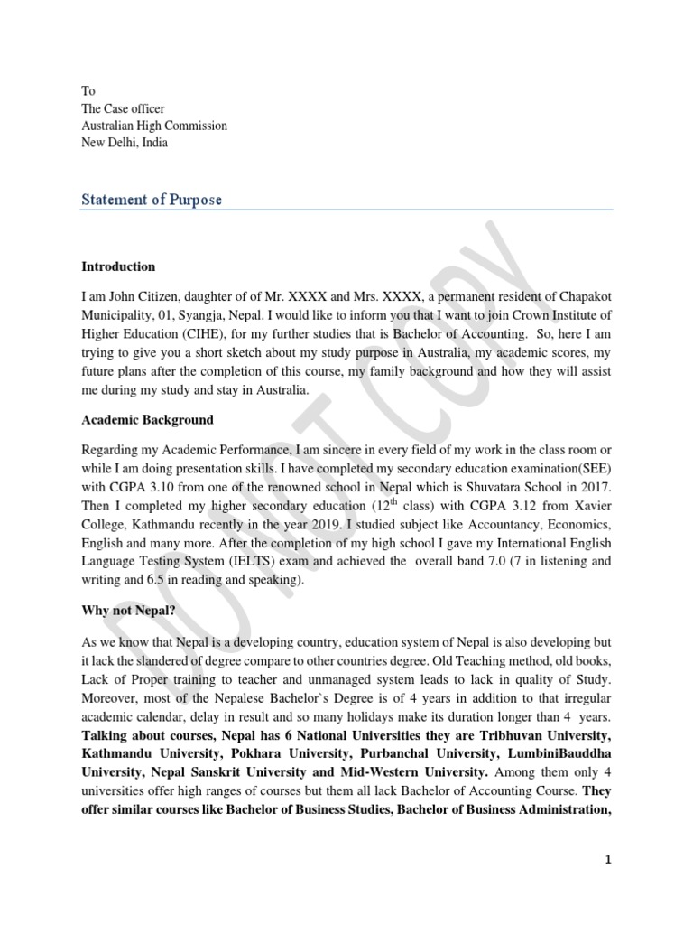 SAMPLE SOP Higher Education | PDF | Accounting | Bachelor's Degree