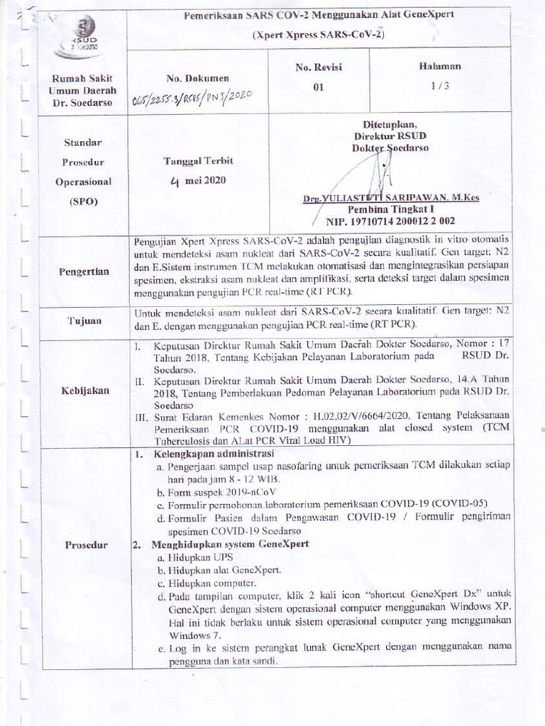 Sop Pemeriksaan Sars Cov 2 Menggunakan Alat Genexpert Expert Xpress Sars Cov 2 | PDF