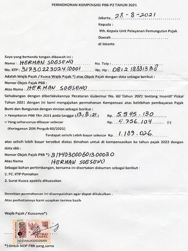 Formulir Permohonan Kompensasi PBB-P2 Tahun 2021 | PDF