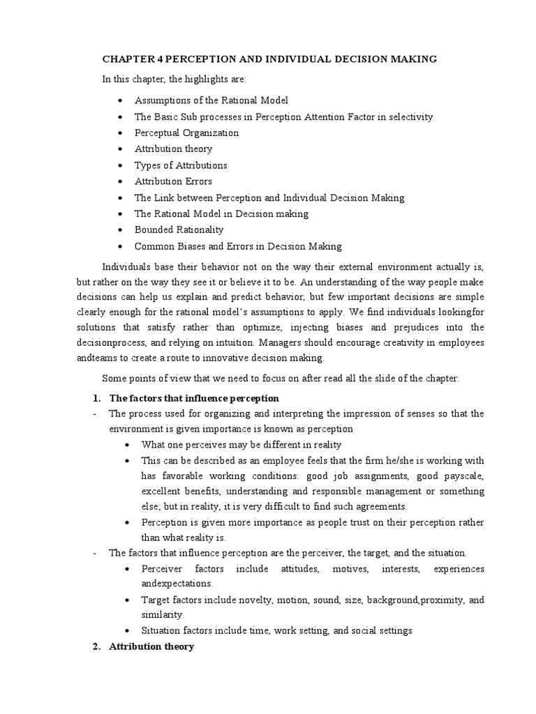 Summary The Chapter 4 of Organizational Behavior | PDF | Decision Making | Perception