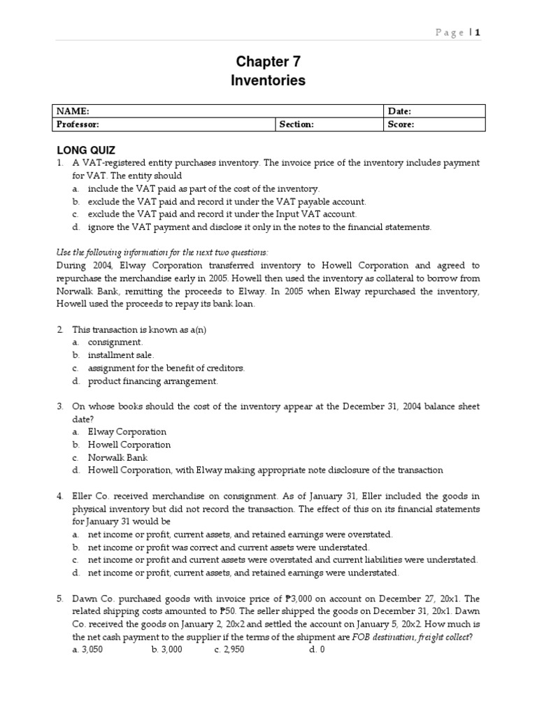 Quiz - Chapter 7 - Inventories - Ia 1 | PDF | Cost Of Goods Sold ...