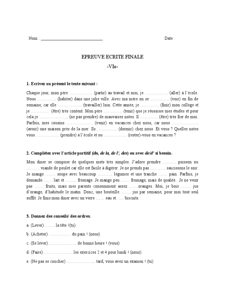 Test de Evaluare Limba Franceza VI | PDF | Cuisine | Cuisine