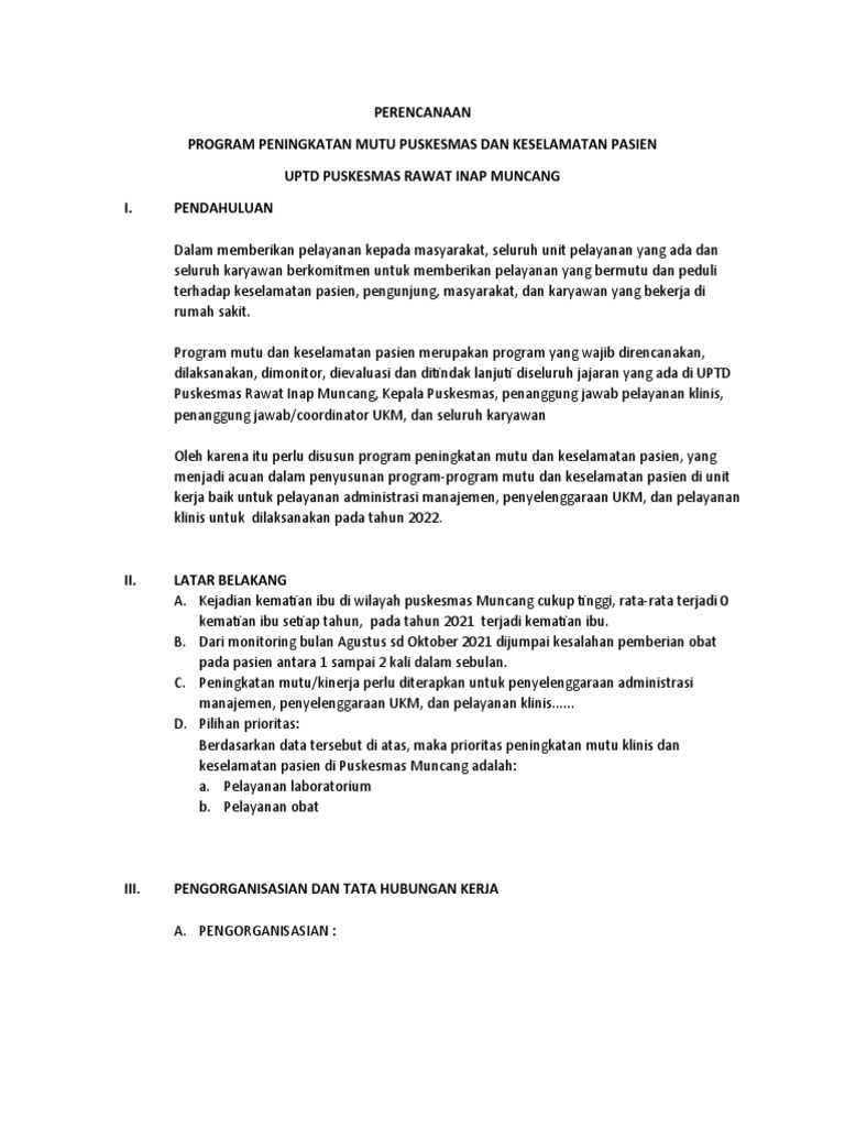 Contoh Program Peningkatan Mutu Puskesmas Dan Keselamatan Pasien 1 | PDF
