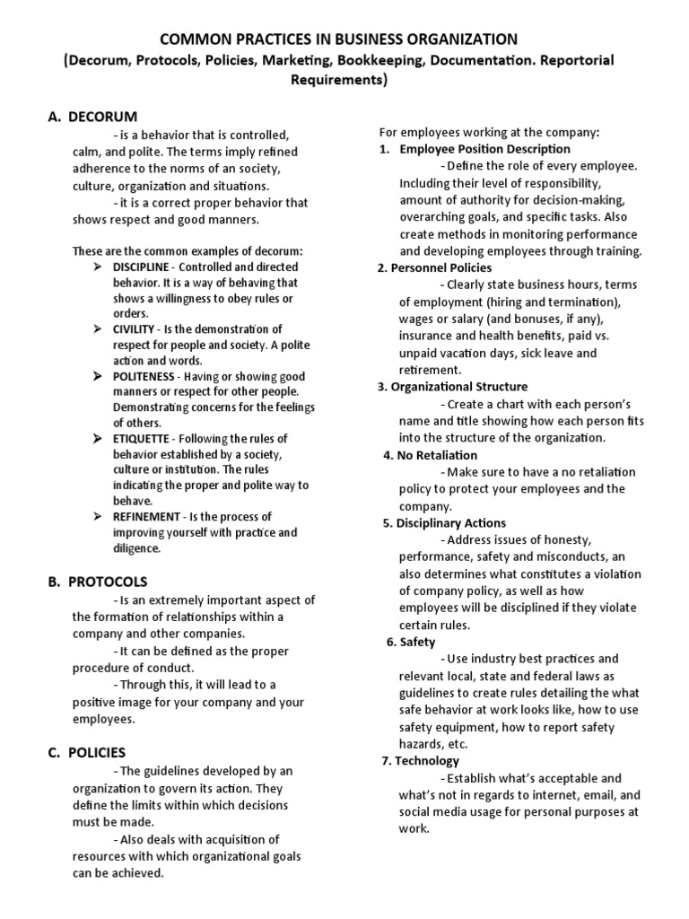 Common Practices in Business Organization (Handouts) | PDF | Employment ...