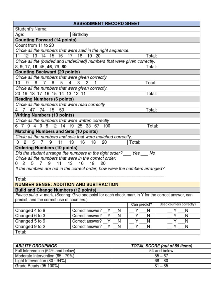 NUMERACY 1 Printable Assessment Record Sheet Number Cards Dot Cards ...