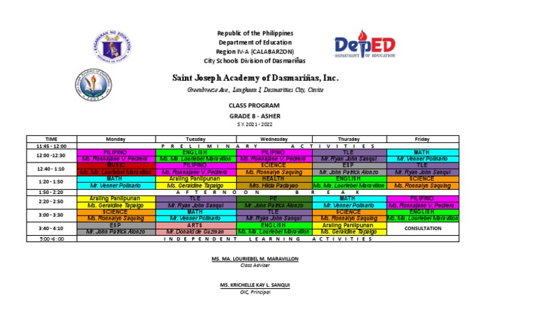 Grade 8 Class Program 2021-2022 | PDF | Wellness
