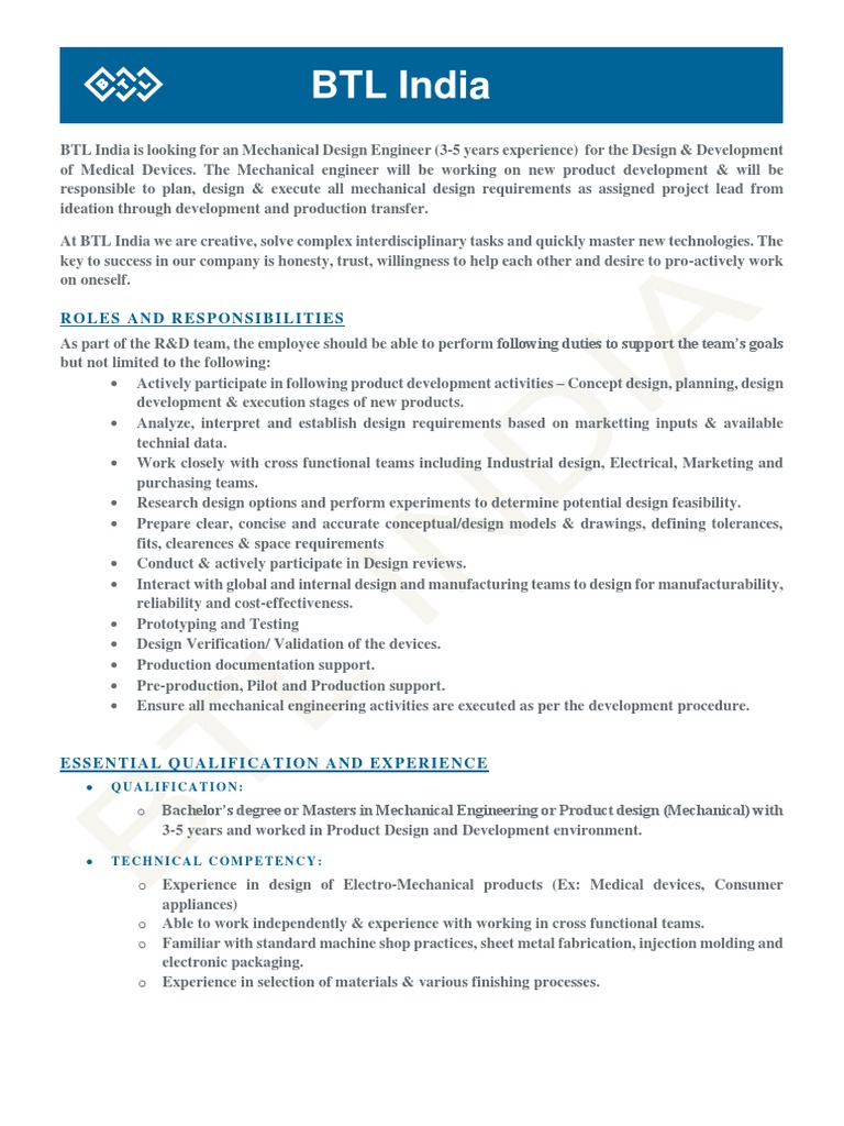 BTL India R&D - Mechanical Design Engineer 3-5 Years | PDF | Mechanical ...