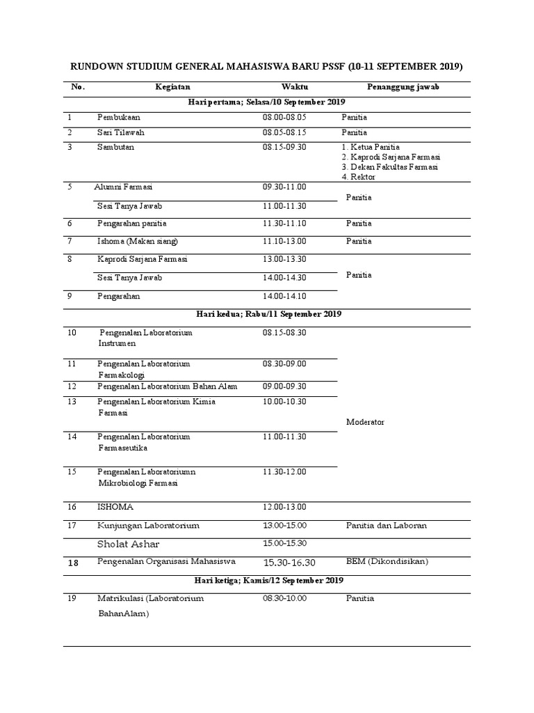 Rundown Studium General Mahasiswa Baru PSSF | PDF