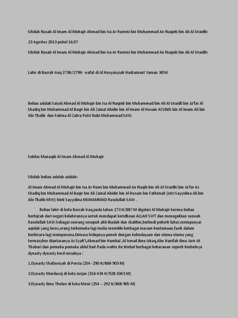 Al Imam Al Muhajir Ahmad Bin Isa Ar Rummi Bin Muhammad An Naqieb Bin ...