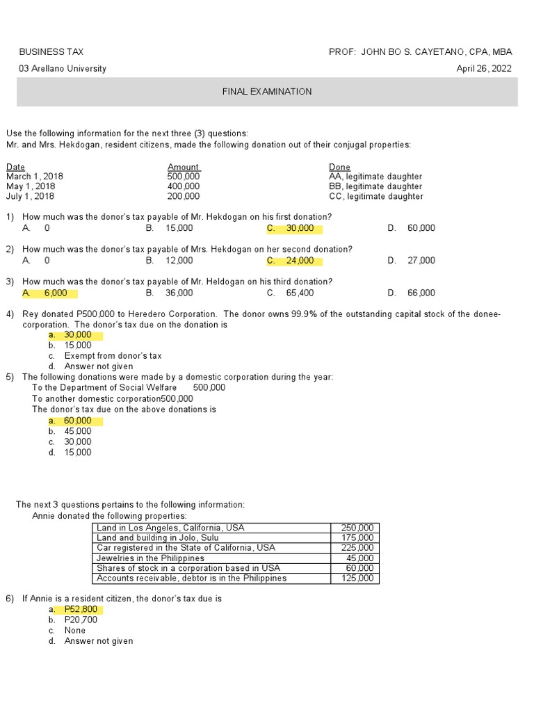 Donor's Tax Exam Questions and Answers | PDF | Value Added Tax | Taxes