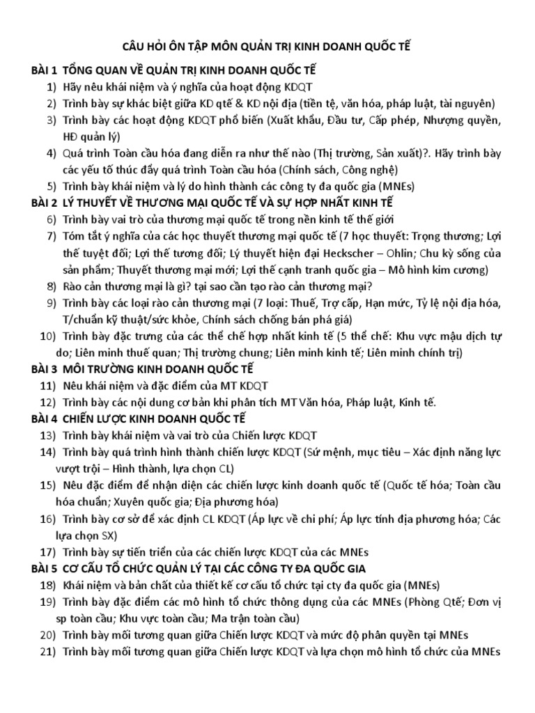 Câu Hỏi Ôn Tập Môn QTKDQT | PDF