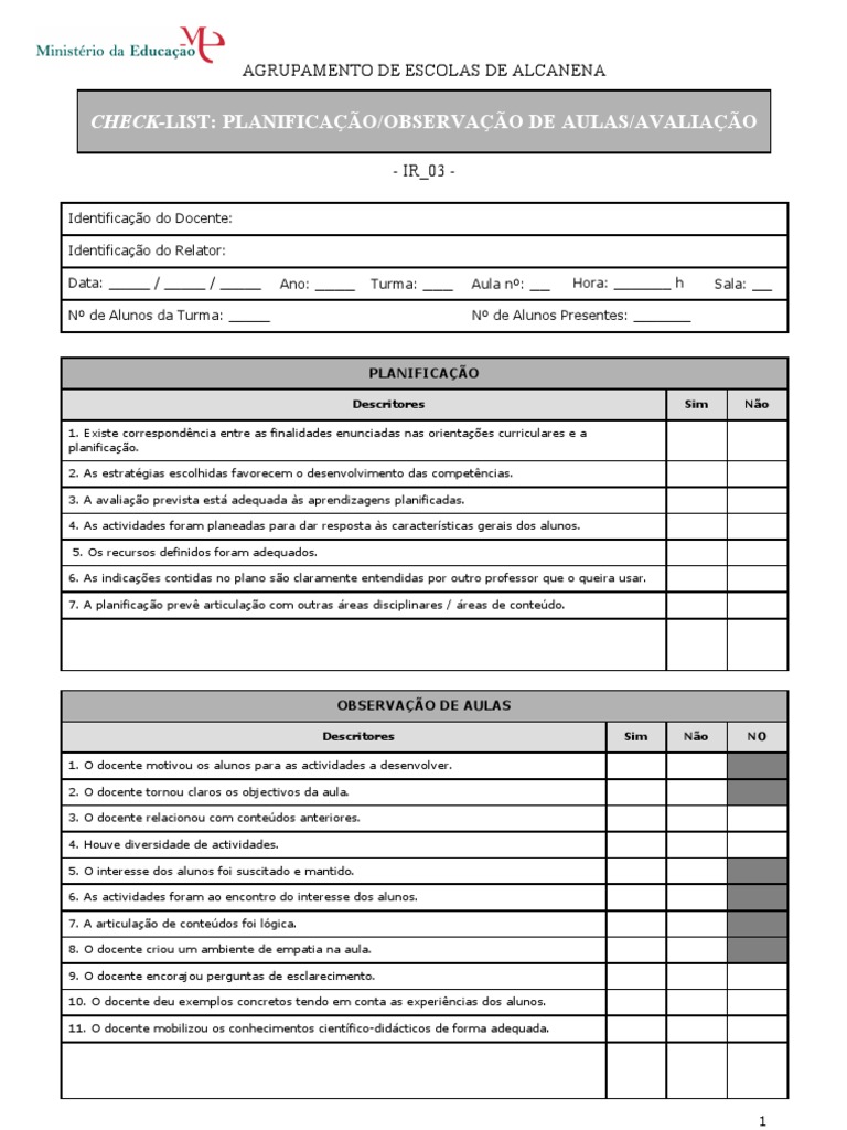 Checklist Planificação Obs Aulas Avaliação | PDF | Aprendizado | Cognição