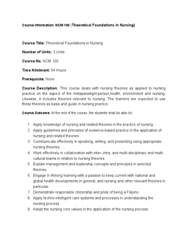 Course Information - NCM 100 | PDF | Nursing | Theory
