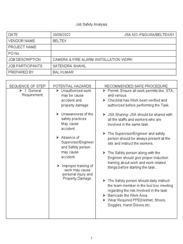 Jsa For Camera & Fire Alarm Installation | PDF | Personal Protective ...