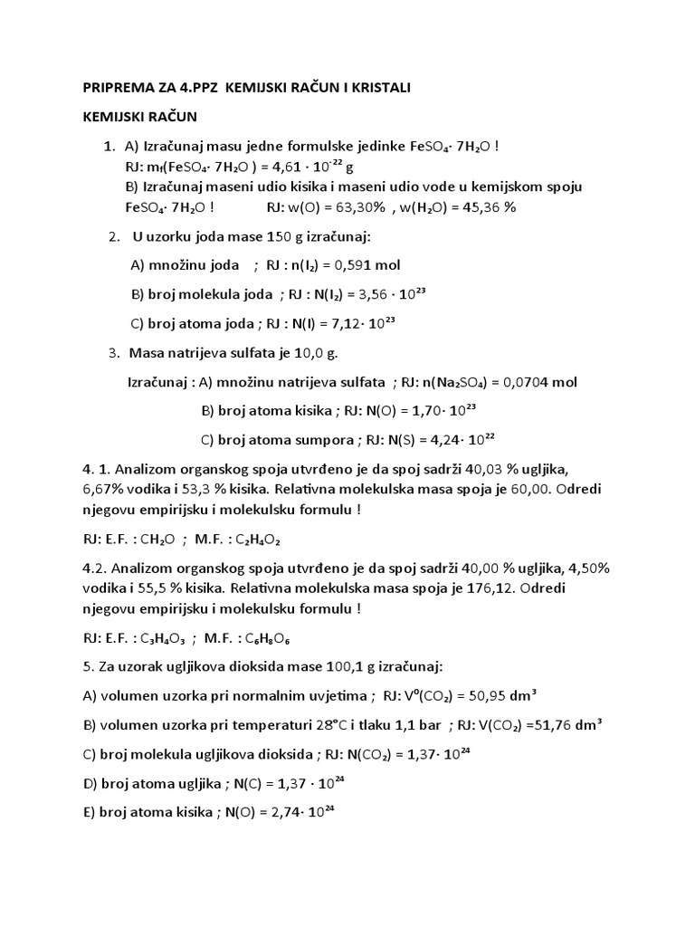 Priprema Za 4.PPZ Kemijski Račun | PDF