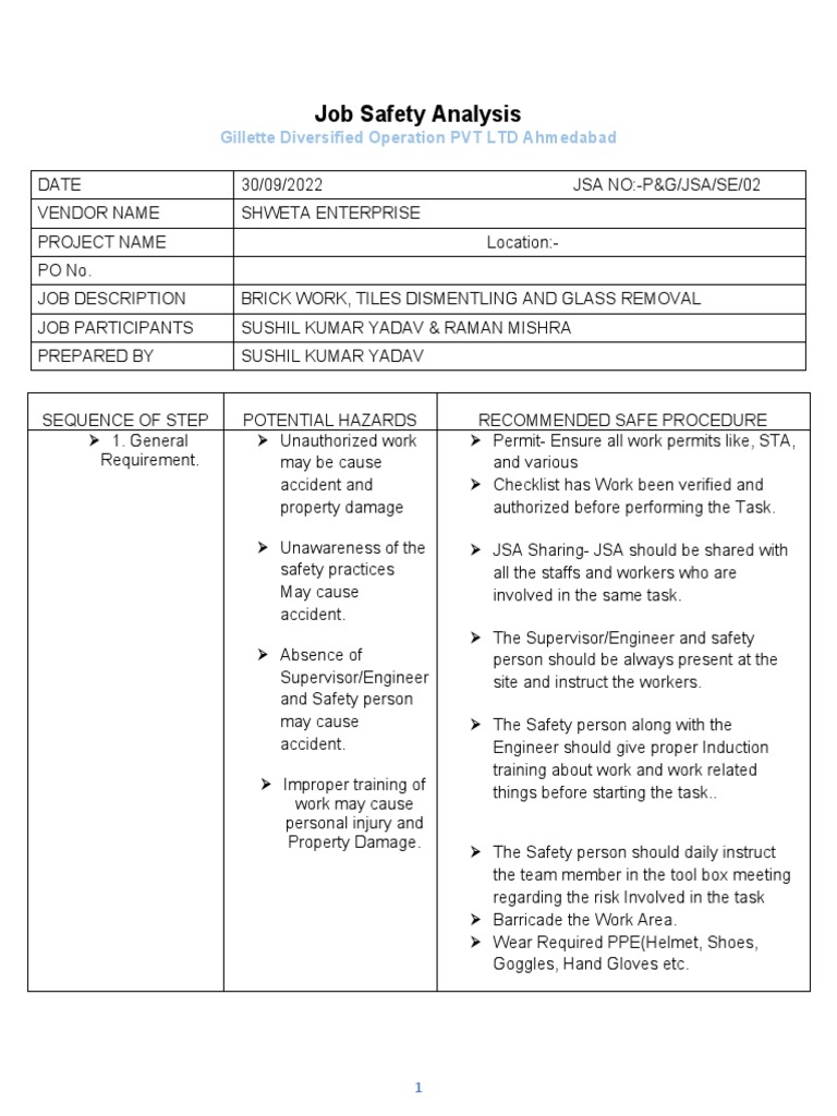 A Comprehensive Job Safety Analysis for Brick Work, Tile Removal, and ...