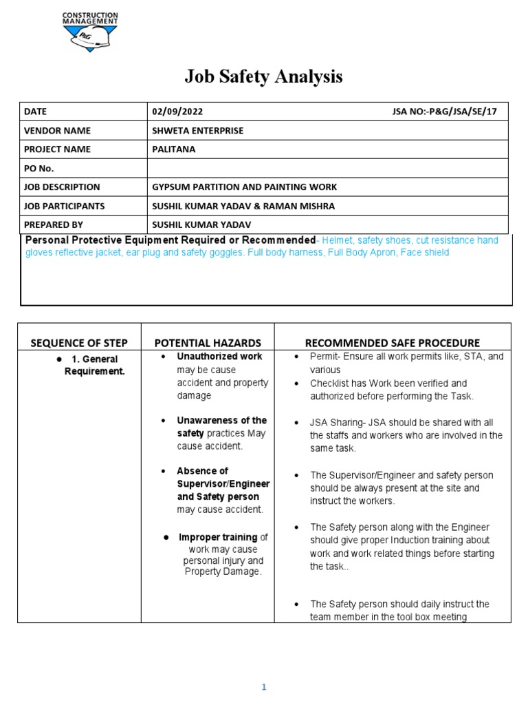 Gypsum Partition & Painting Safety JSA | PDF | Personal Protective ...