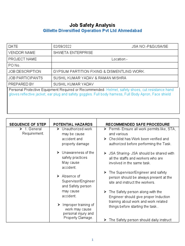 Gypsum Partition Safety Analysis | PDF | Personal Protective Equipment ...