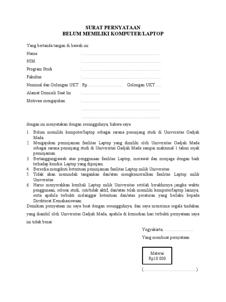Surat Penyataan Belum Memiliki Laptop | PDF | Teknologi & Rekayasa