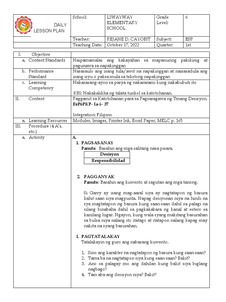 LP ESP Grade 6 - October 18, 2022 - Module 3 | PDF