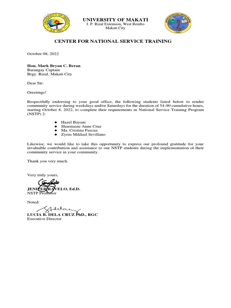 Barangay Rizal Endorsement Letter | PDF