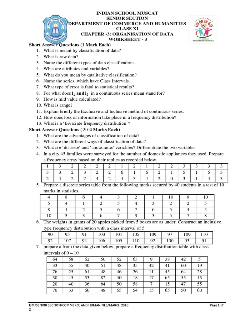Class Xi Statistics For Economics Organisation of Data Worksheet 3 2018-19 | PDF | Statistics ...