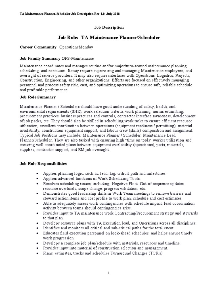 Maintenance Lead Planner Scheduler Job Description | PDF | Risk ...
