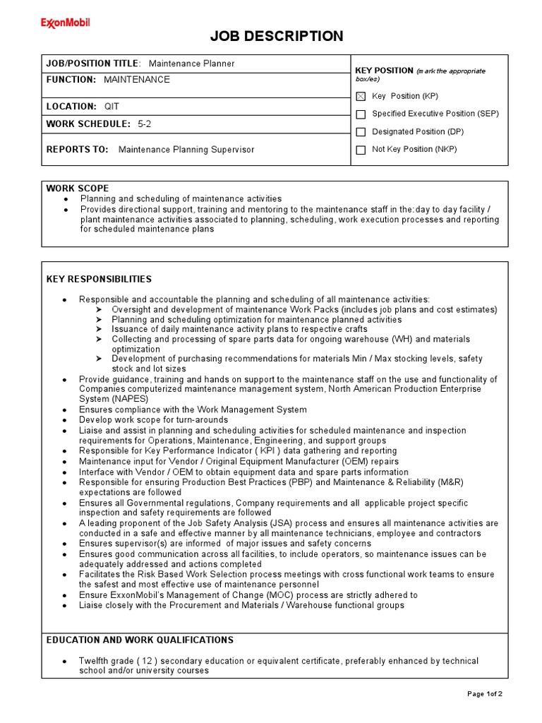 Position Description - Maint Planner | PDF | Reliability Engineering ...