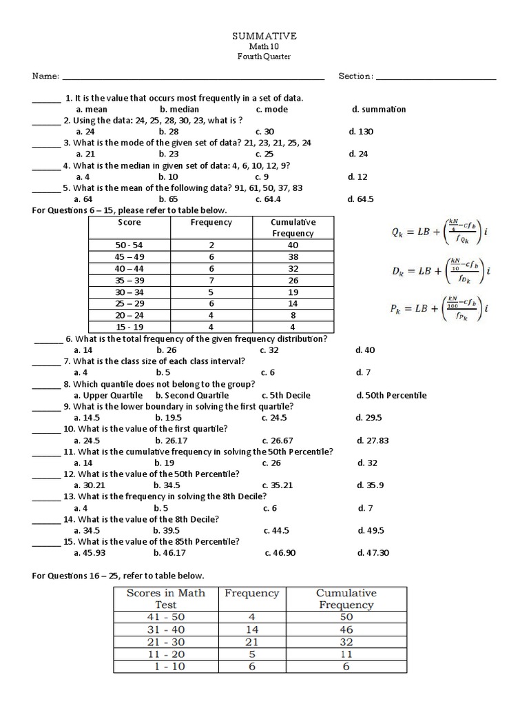 Qtr. Summative | PDF | Quantile | Sampling (Statistics)