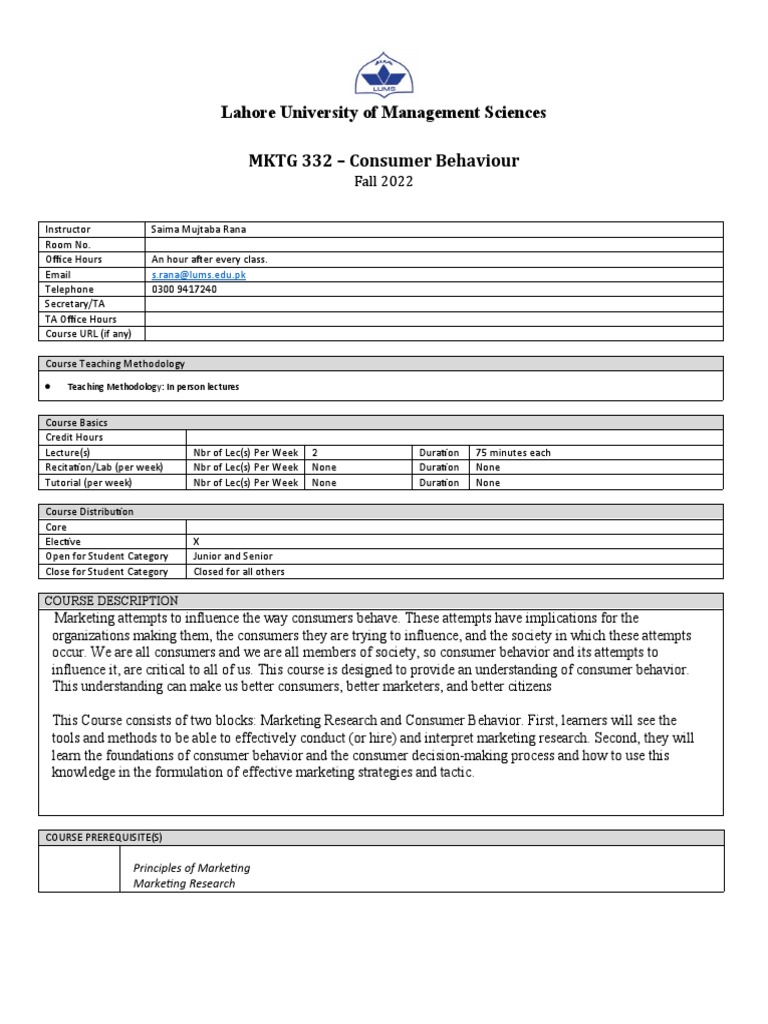 Consumer Behaviour Course Outline Fall 2022 | PDF | Learning | Marketing