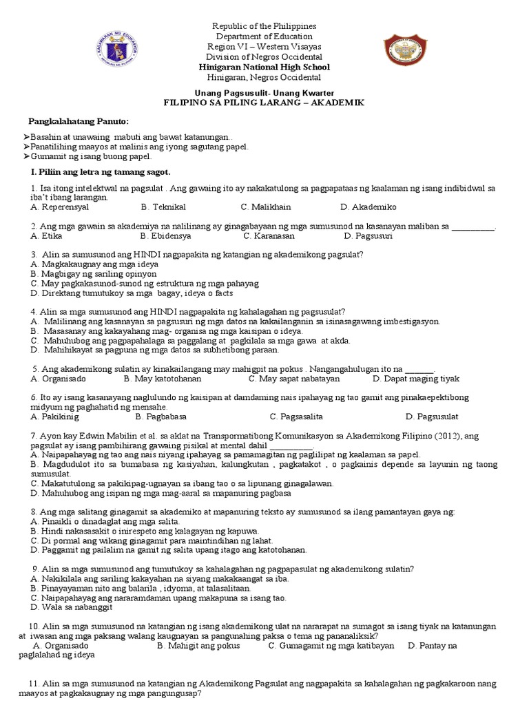 1st Quarter Exam Final | PDF