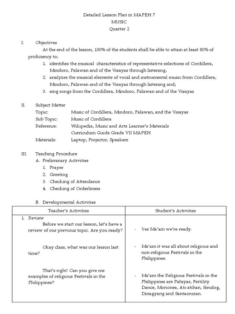 Detailed - Lesson - Plan - in - MAPEH - MUSIC - Grade 7 | PDF | Philippines