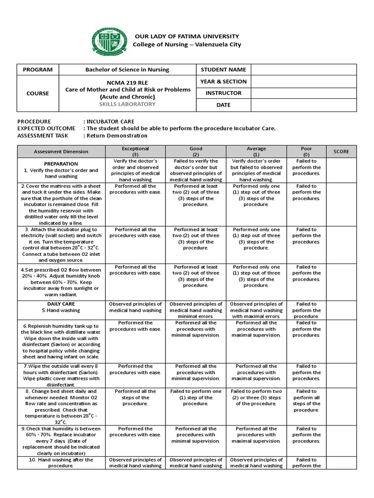 NCM 219 - RUBRICS-Incubator-Care | PDF | Hand Washing | Neonatal ...