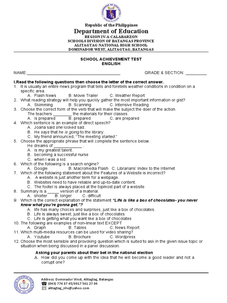 ACHIEVEMENT TEST Grade 9 | PDF | Communication
