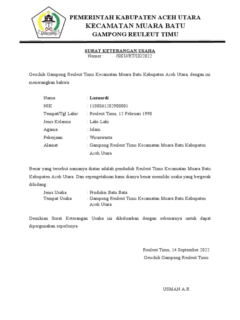 Contoh Surat Keterangan Usaha | PDF