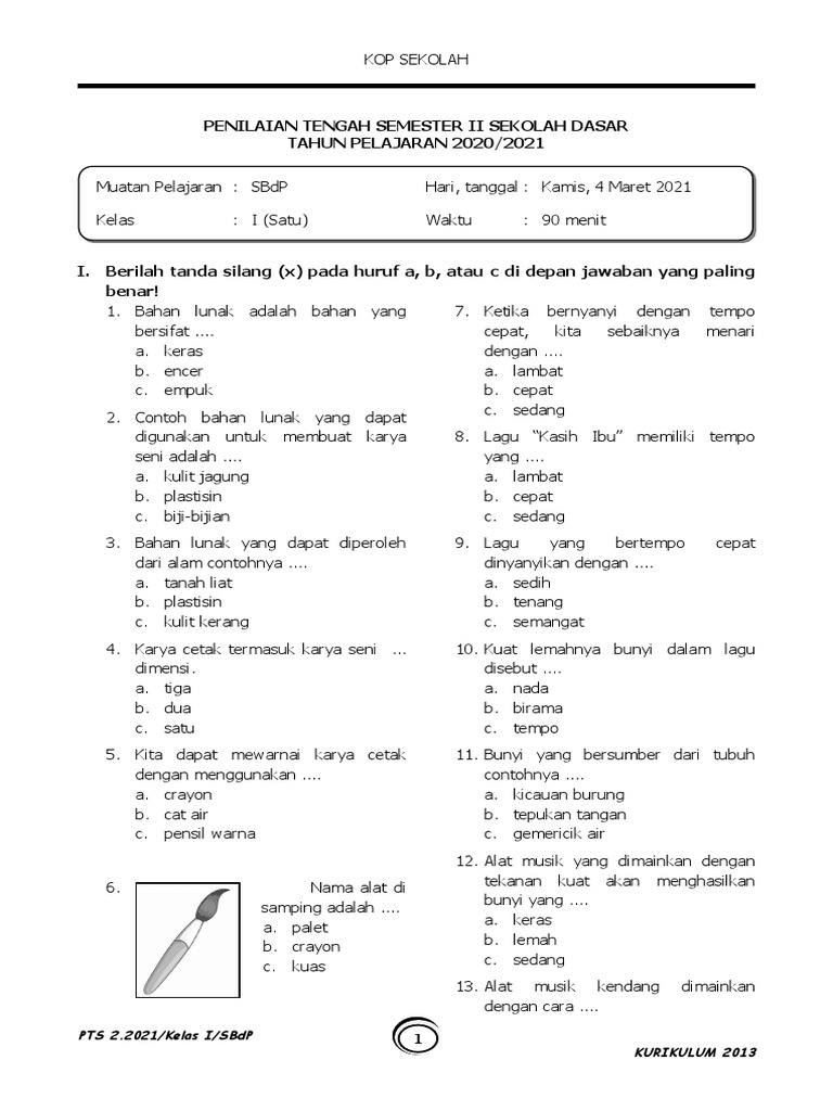 SOAL UTS SBDP KELAS 1 SMT 2-1 | PDF
