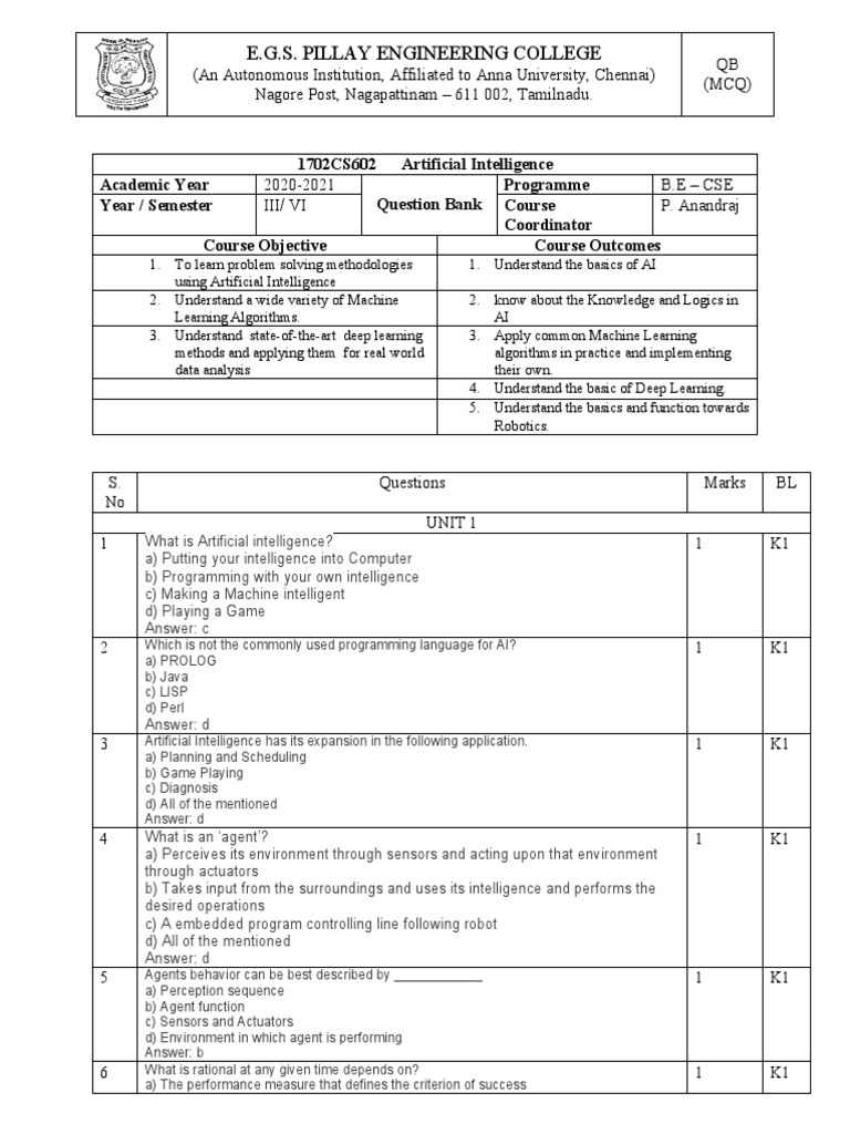 AI MCQ Consolidated - 2 Marks | PDF | First Order Logic | Logic
