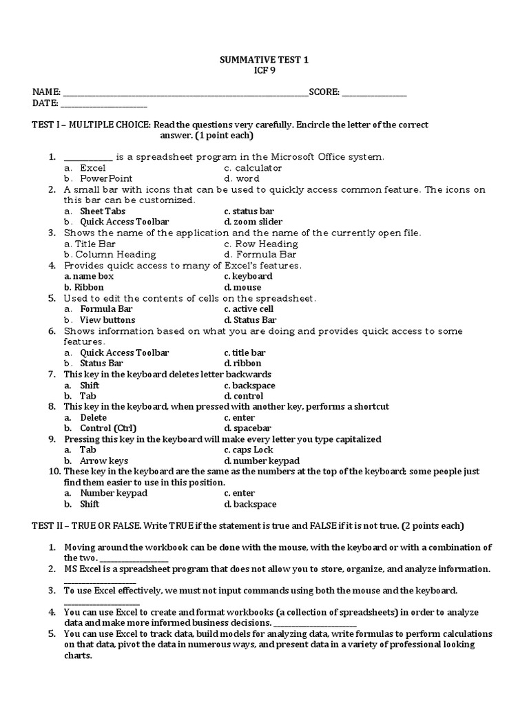 SUMMATIVE TEST in ICF 9 | PDF | Microsoft Excel | Computer Keyboard