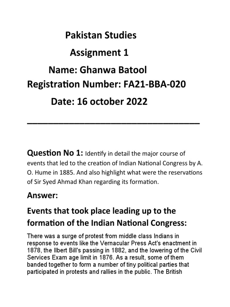 Fa21-Bba-020 Pak-Studies Assignment | PDF | British Raj | Indian National Congress