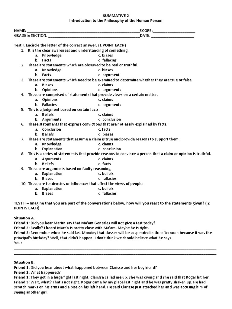 SUMMATIVE 2 - Intro to Philo | PDF | Argument | Fallacy