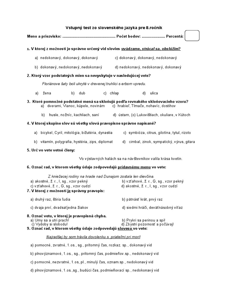 Vstupný Test Zo SJ | PDF