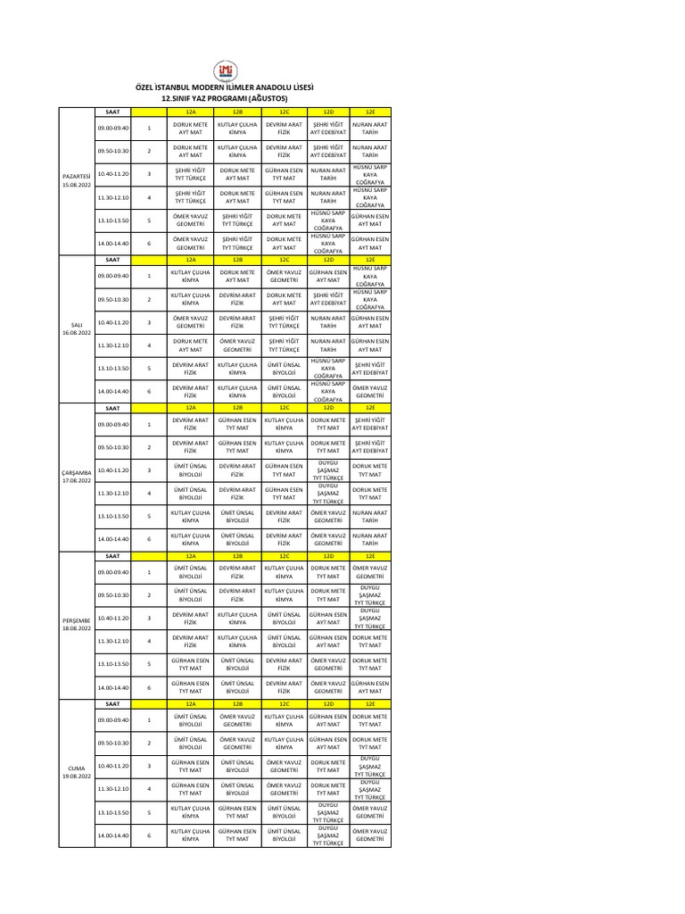 15-19 Agustos 12.sinif Ders Programi | PDF
