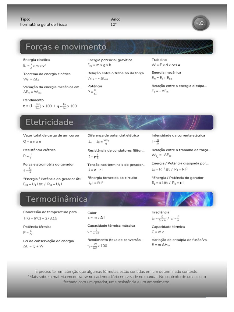 Formulário geral de Física, Química e Termodinâmica do 10o ano | PDF | Potência (Física ...