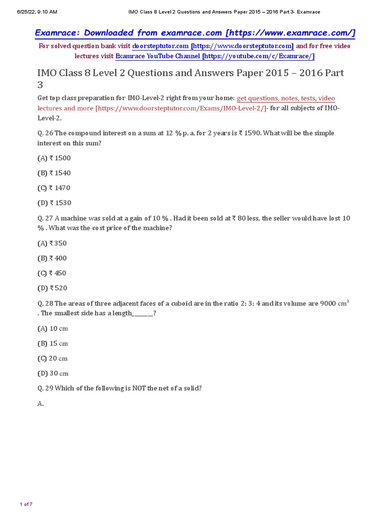 IMO Class 8 Level 2 2015 Part 3 | PDF | Mathematics