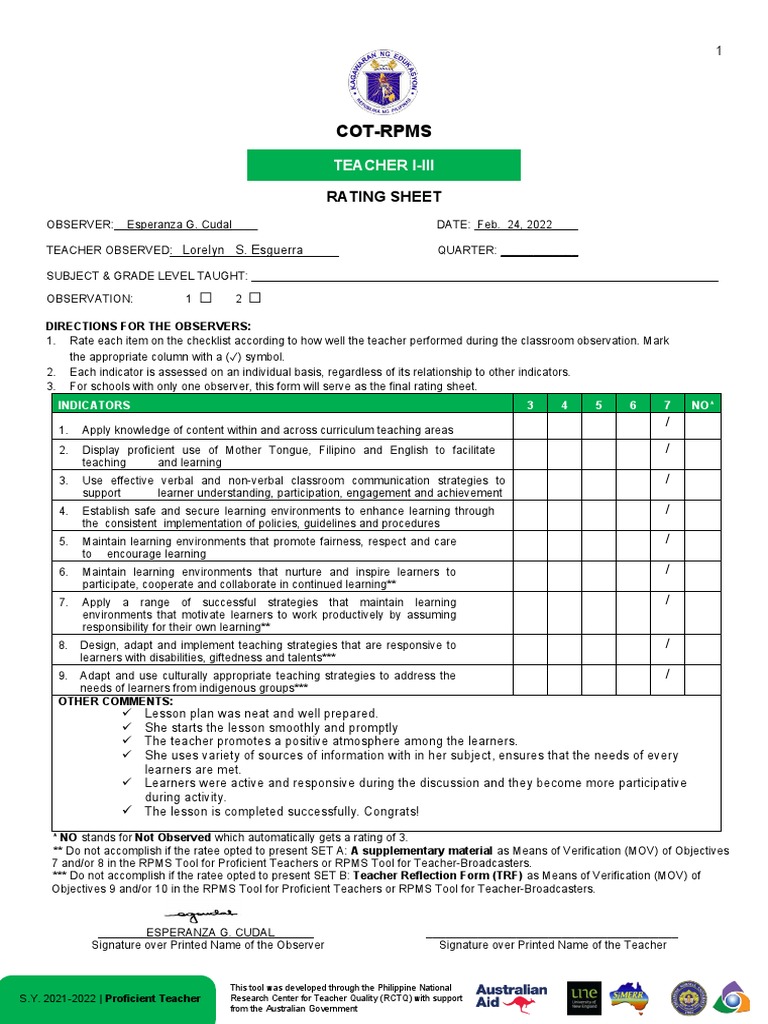 COT-RPMS Rating Sheet for Teachers | PDF | Learning | Pedagogy